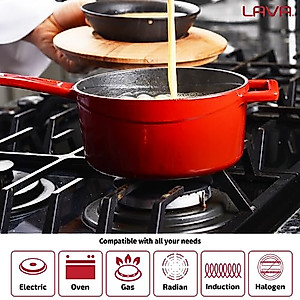 Lava Light-Colored Sand Enameled Cast Iron Sauce Pan, 1.5 Quarts Round Sauce Pot, Glossy Sand-Colored Three Layers of Enamel Coated Interior, Long Handle with Lid (Red)