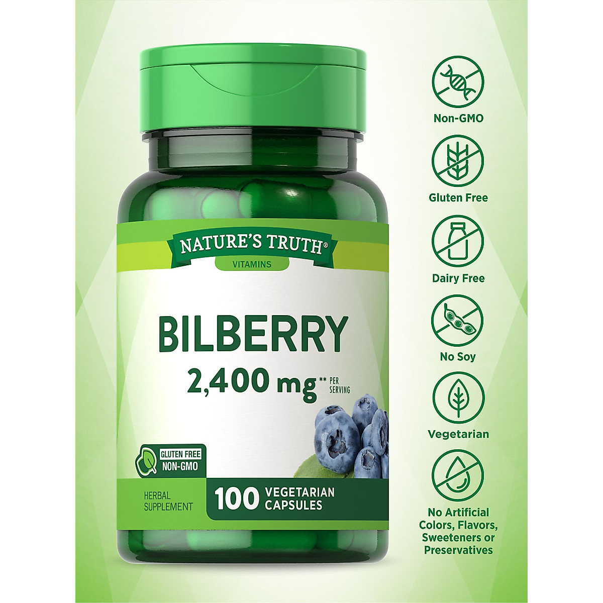 Nature's Truth Bilberry Fruit Extract Capsules | 2400mg | 100 Count | Non-GMO & Gluten Free Supplement