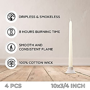 Sonedly 10 inch Taper Candle 4 Pack - Unscented Hand-Dipped Tapered Candles Long Burning Perfect for Home Interior - Dripless and Smokeless Tapered Candles for Home 8-Hour Burning Ivory Candles