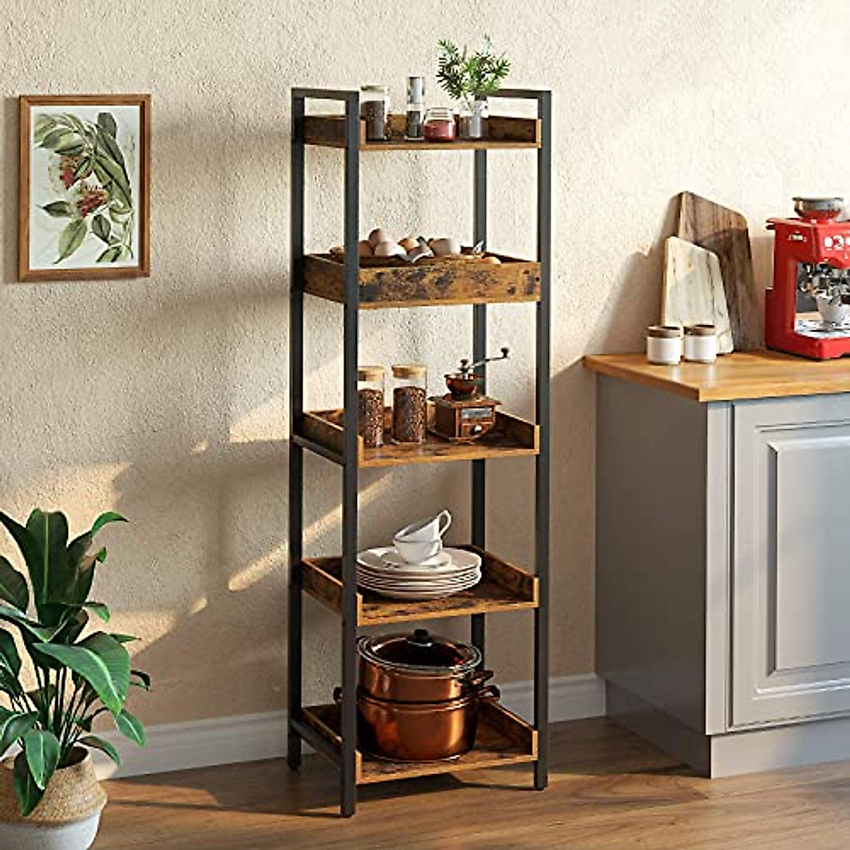 Rolanstar Bookshelf 6 Tier with 4 Hooks Bundle 5-Tier Storage Rack