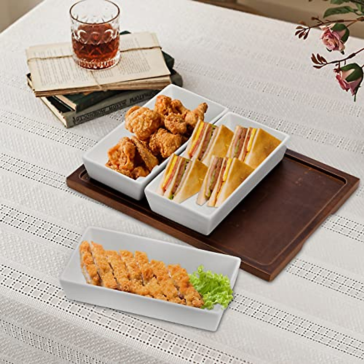 Elsjoy Set of 3 Ceramic Serving Bowls with Wooden Tray, Snack Serving Tray Divided Serving Platter for Appetizer, Fruits, Bread
