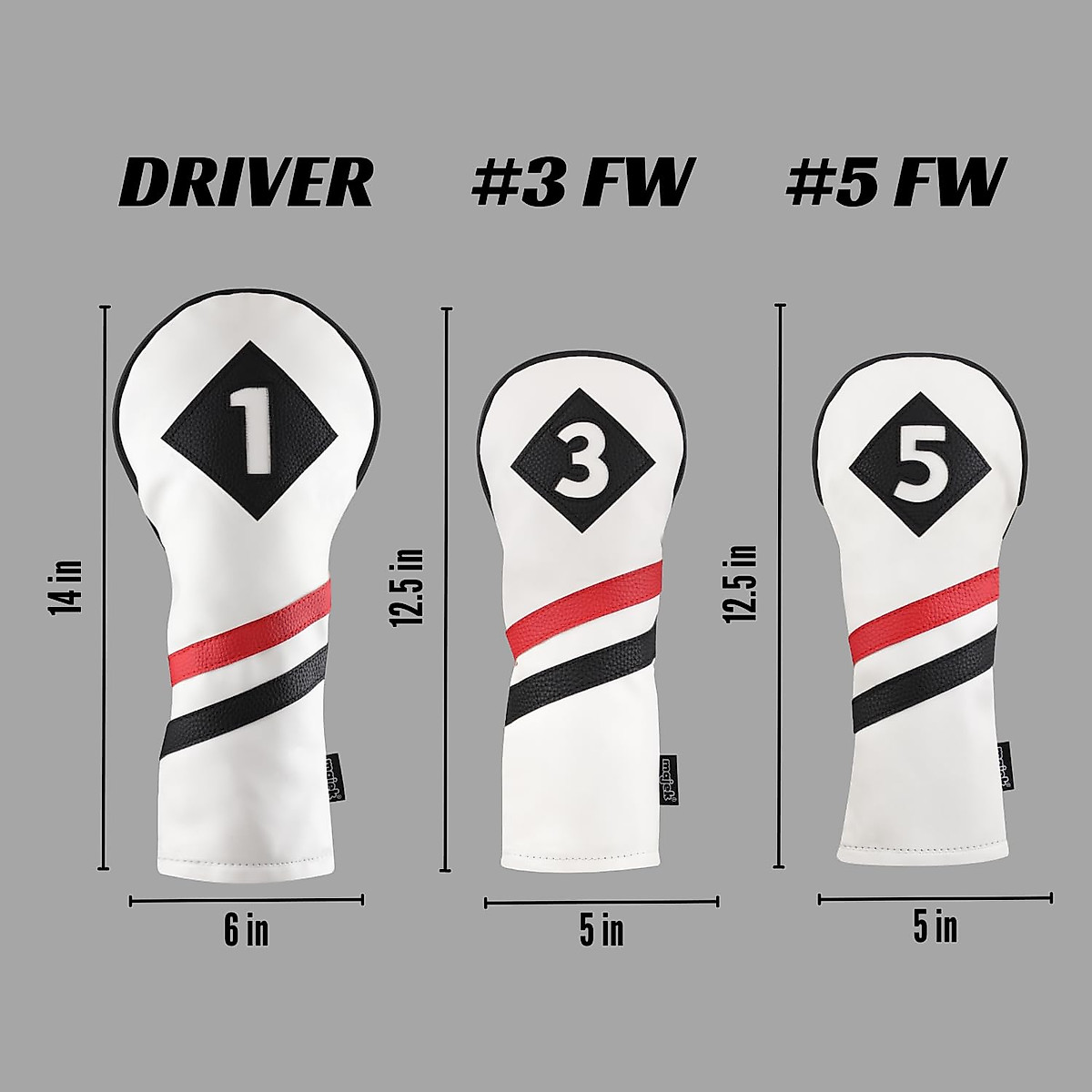 Majek Retro Golf Headcovers White Red and Black Vintage Leather Style 1 3 5 Driver and Fairway Head Covers Fits 460cc Drivers Classic Look