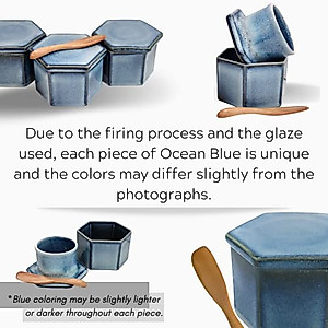 French Butter Crock w/Lid & Wood Spreading Knife - Blue Butter Keeper for Countertop - Modern Hexagon Shape Butter Keeper - Stoneware Butter Crock - Dishwasher, Oven & Microwave Safe Butter Storage