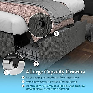 ClouDDwell Queen Bed Frame with RGBW LED Lights, Upholstered Headboard & 4 Storage Drawers, Thickened Hardwood Slats, Dark Grey