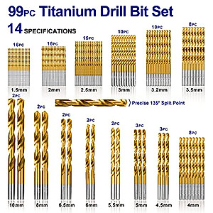 Metric 99 Pieces Titanium Twist Drill Bit Set, 135° Tip High Speed Steel, Size from 1.5mm up to 10mm, Ideal Drilling in Wood/Cast Iron/Aluminum Alloy/Plastic/Fiberglass, with Hard Storage