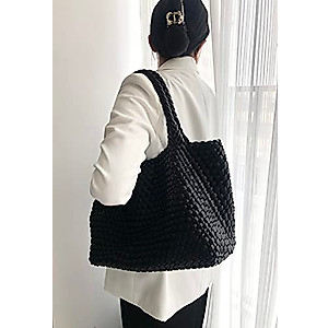 Woven Bag for Women, Vegan Leather Tote Bag Large Summer Beach Travel Handbag and Purse Retro Handmade Shoulder Bag (Black)