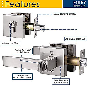 Keyed Entry Door Lever and Double Cylinder Deadbolt Set, Keyed Alike Reversible Lockset, Satin Nickel Square Interior/Exterior Handleset for Bedroom, Front Door 3 Pack