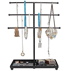 MyGift Modern Jewelry Organizer, 3 Tier Black Metal Tabletop Bracelet and Necklace Jewelry Storage Display Tree Rack with Base Ring Tray