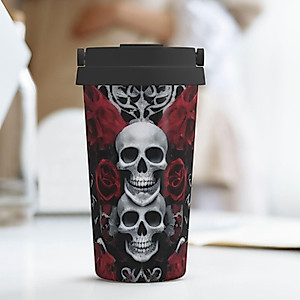 Insulated Coffee Mug Skull Floral 17oz Double Wall Vacuum Stainless Steel Tumbler With Leak-Proof Lid And Handle, Cute Travel Thermos Mug For Cold Hot Drinks