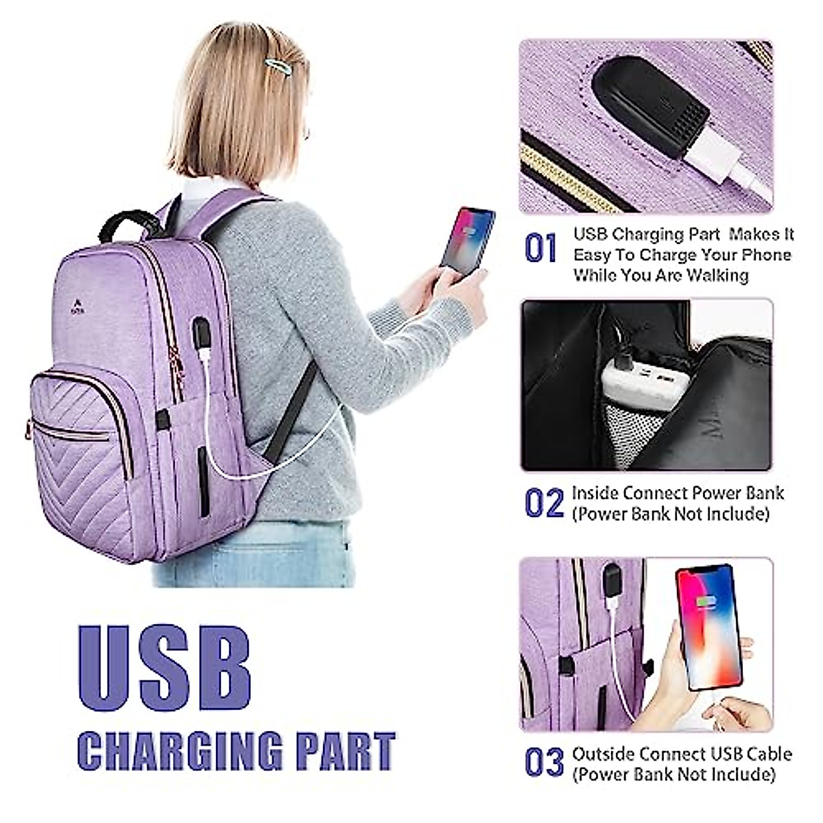 MATEIN 17 Inch Laptop Backpack, Womens Travel Laptop Backpack with RFID Pocket, Large Water Resistant College Teacher Nurse Work Bag Lightweight Daypack Computer Bagpack with USB Charging Port, Purple