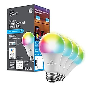 GE CYNC Smart LED Light Bulbs, Color Changing, Bluetooth and Wi-Fi Enabled, Alexa and Google Assistant Compatible, A19 Light Bulbs (4 Pack), 9.5 W