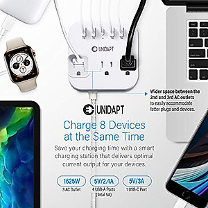 European Plug Adapter, Unidapt US to UK Europe Power Strip for EU/UK/US with USB C and 4 USB Ports, 3 AC Outlets, Wall Mountable, 5ft Extension Cord, for Travel Cruise Ship Home