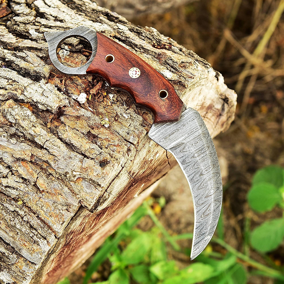 Handmade Hunting Damascus steel Hunting Knife with Genuine Leather Sheath | 7.5'’ EDC Knife for Men | Fixed Blade Outdoor Knife with Rose Wood Handle | Full Tang Razor Sharp Blade