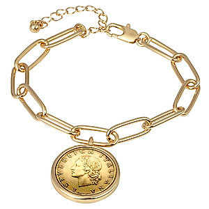 American Coin Treasures Italian 20 Lira Coin Elongated Link Bracelet, Goldtone Clip Style, 7 Inch 3 Inch Extender with Lobster Claw Clasp, Certificate of Authenticity