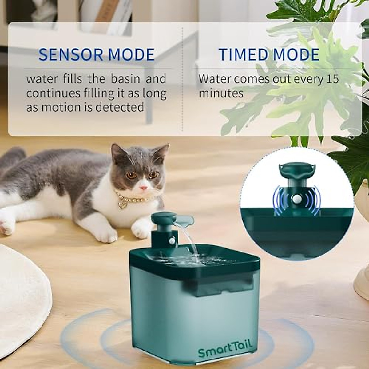 SmartTail Cat Water Fountain,Pet Water Fountain for Cats Indoor Battery Operated,74oz/2.2L Automatic Dog Water Dispenser with a Filter,Water Level Window,BPA-Free, Green