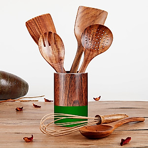 AIUHI Wood Cooking Utensil Holder for Countertop,Teak Crock Organizer Caddy, Wooden Holder for Kitchen Utensils,for Spoons Spatula Straw Cutlery Accessories Utensils Storage (Green)