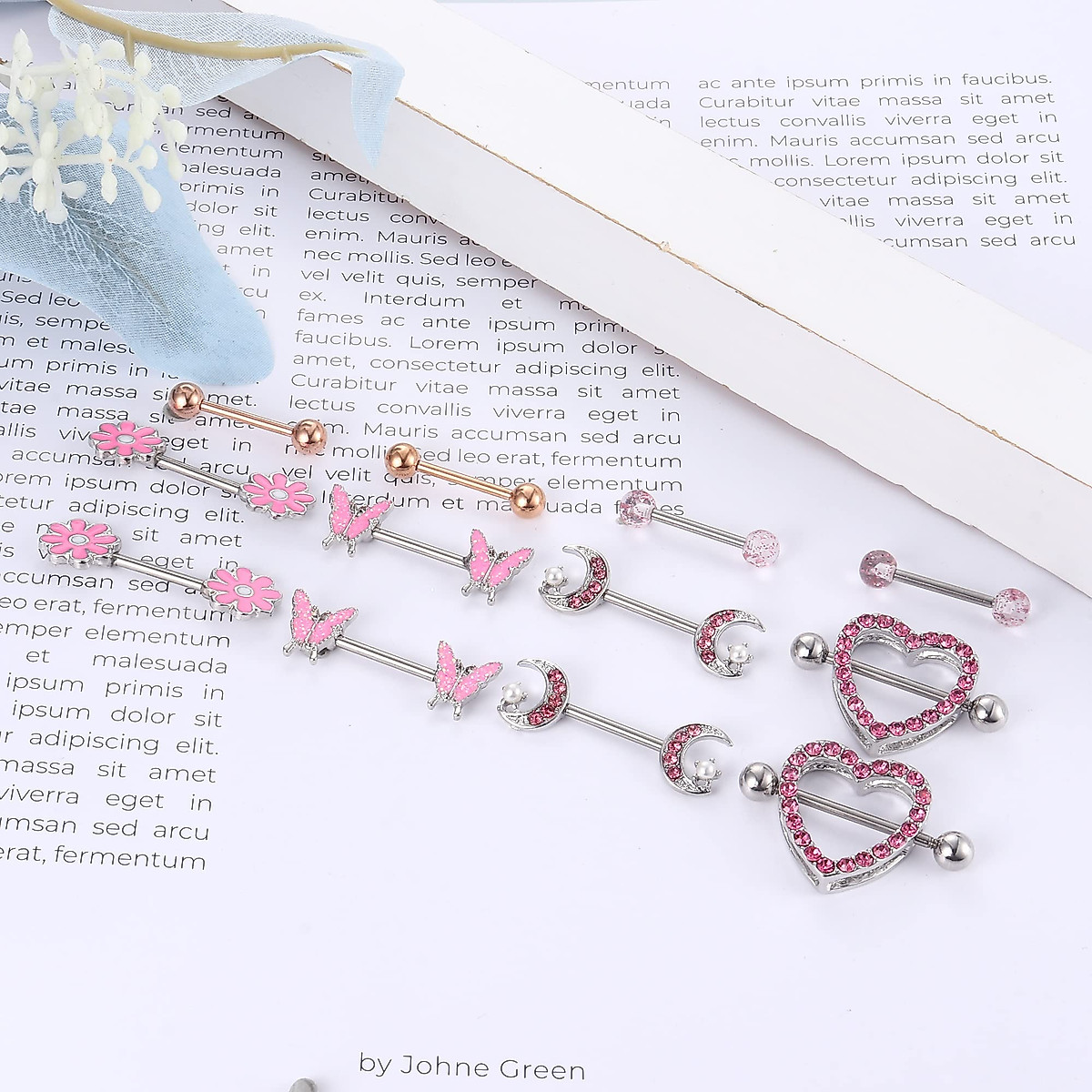 Kakonia 6 Pairs 14G Nipple Rings for Women 316L Stainless Steel Heart Butterfly Moon CZ Flower Barbell Nipple Rings Set Cute Nipplerings Piercing Jewelry