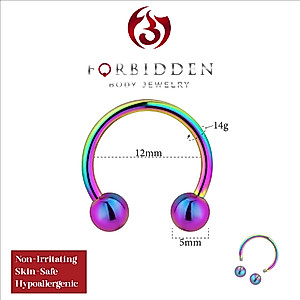 Forbidden Body Jewelry 14g 12mm Surgical Steel Rainbow IP Plated Horseshoe Ball Ring, 5mm Balls