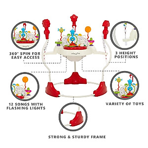 Dream On Me Zany 2-in-1 Baby Activity Center and Bouncer in White and Black Print, Sturdy and Strong Frame, 3 Height Positions, 360° Rotating Seat, 12 Songs with Flash Lights