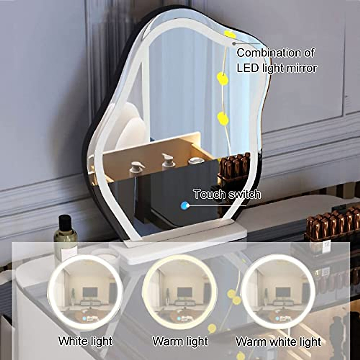 ZTGL Makeup Vanity with Lights and Charging Station, Vanity Mirror with LED Light and Table Set, Large Vanity Desk with 5 Drawers and Chair, Modern Vanity Table with Nightstand,White Mirror b,L: 60cm
