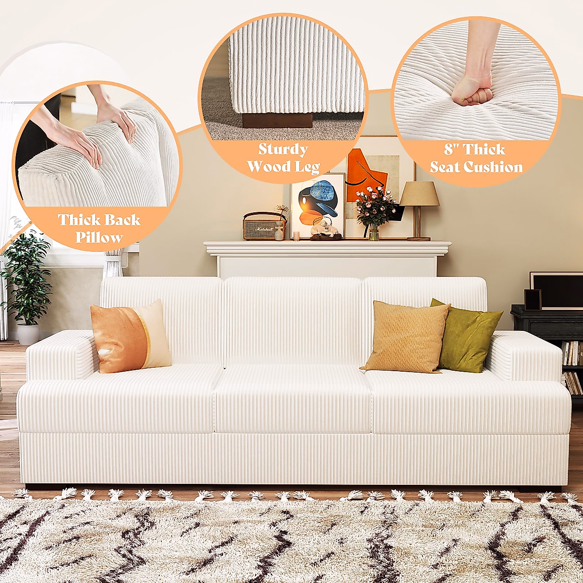 AMERLIFE 89in Couch, Comfy Sofa with Wood Legs, 3 Seater Modern Sofa- Deep Seat Couches for Living Room (Corduroy, White)