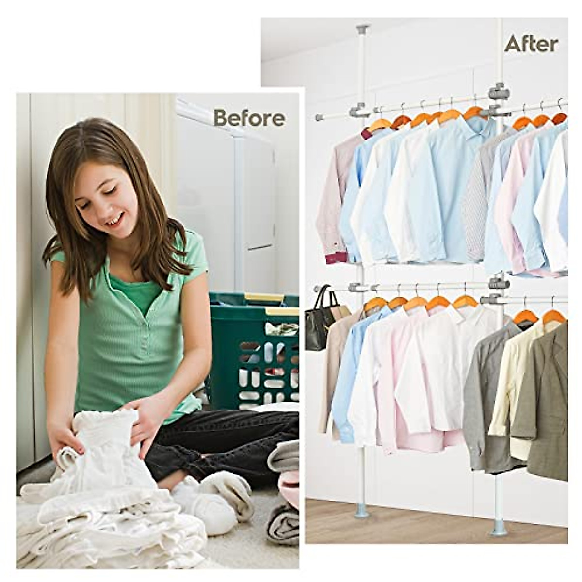 Double Clothing Rack, Adjustable Racks for Hanging Clothes, 2 Tier Clothes Heavy Duty Garment White Closet Freestanding System