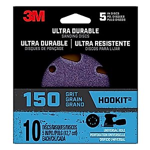 3M Ultra Durable 5 inch Power Sanding Discs, Universal Hole, 150 Grit, 10/Pack