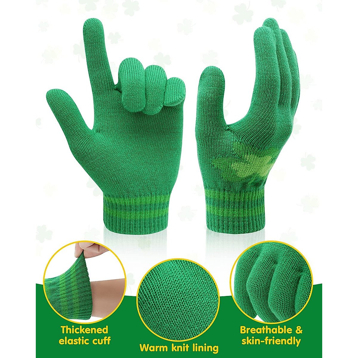 2PCS St Patrick's Day Beanie and Gloves Set Spring Green Shamrock Hat St Patricks Day Accessories Irish Knitted Hat Clover Glove for Women and Men Saints Beanie Gift