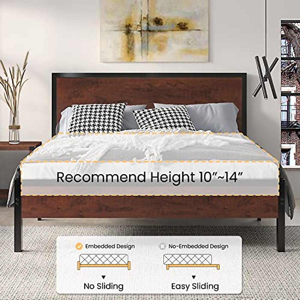 SHA CERLIN Queen Bed Frame with Headboard, Heavy Duty Platform Bed with Under-Bed Storage, Solid Wood Slats & Metal Construction, No Box Spring Needed, Easy Assembly, Saddle Brown