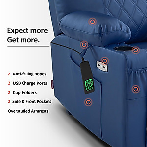 MCombo Small Size Electric Power Lift Recliner Chair Sofa with Massage and Dual Heating, Adjustable Headrest for Elderly People Petite, USB Ports, Faux Leather 7111 (Blue)