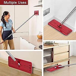 BOSHENG Mop and Bucket with Wringer Set, Hands Free Flat Floor Mop and Bucket, 3 Washable Microfiber Pads Included, Wet and Dry Use, Home Floor Cleaning System, Black and Red