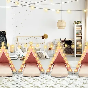 Windyun 2 Pack Kids Teepee Tent Bulk with Light String & Inflatable Airbed & Bedding Fitted Sheet, Natural Cotton Toddler Play Tent Washable Foldable Tent for Girls Boys Indoor Outdoor (Pink)