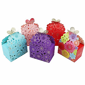 Kslong 50Pcs Flower Butterfly Favor Boxes,Laser Cut Wedding Favor Boxes for Party Decoration,Cute Candy Chocolate Gift Boxes for Bridal Birthday Party Supplies (Mixed Colors,L)