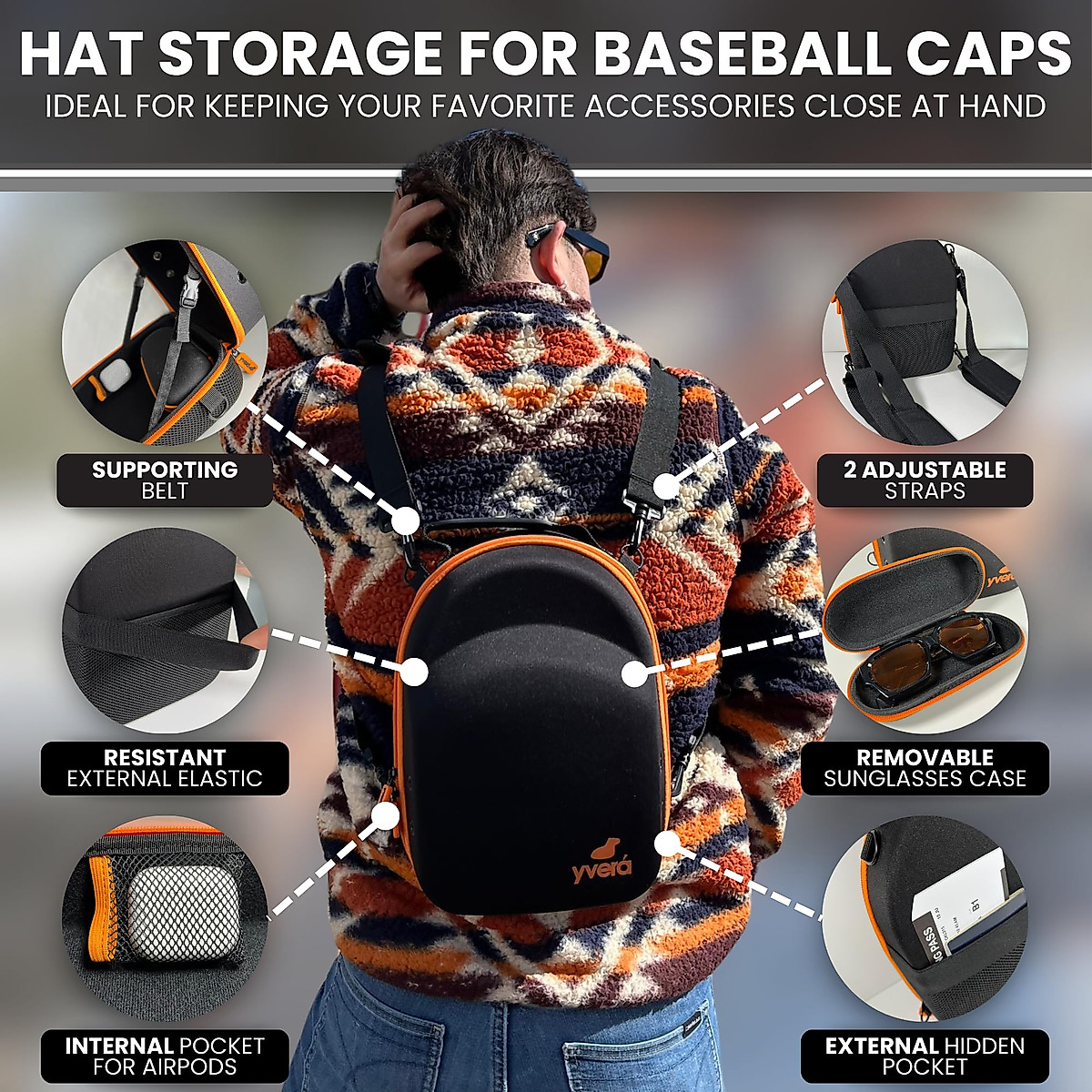 Hat Travel Case - Hat Carrier for Travel Hat Case for Travel with Sunglasses case, Airpods Pocket, 2 Straps - Baseball Cap holder organizer - Hat Storage for Baseball caps - yvera