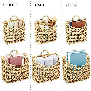 mDesign Woven Hyacinth Hanging Wall Mount Storage Organizer Basket - Rustic Hangable Mounted Market Baskets for Kitchen, Bathroom, Shelf - Holds Floral, Food, and Mail - Set of 2 - Natural/Tan