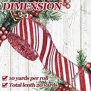 Whaline 2 Rolls 20 Yards Christmas Wired Edge Ribbons Glitter Red White Stripes Ribbon Christmas Candy Cane Gift Wrapping Ribbons for DIY Wreath Floral Arrangement Bow Decoration Supplies, 1.5 Inch