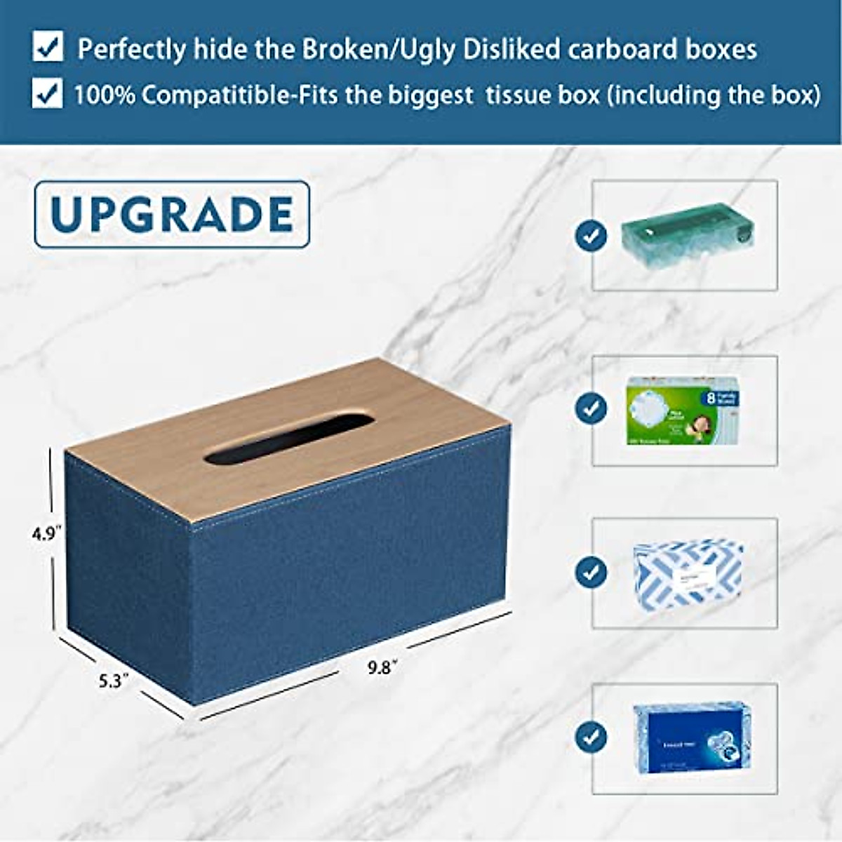 Tissue Box Cover Rectangular, 99% Compatible Upgrade Large Size, Decorative Tissue Box Holder for Bathroom/Vanity Countertop/Night Stand, PU Leather Tissue Dispenser for Napkin Facial Paper Towel