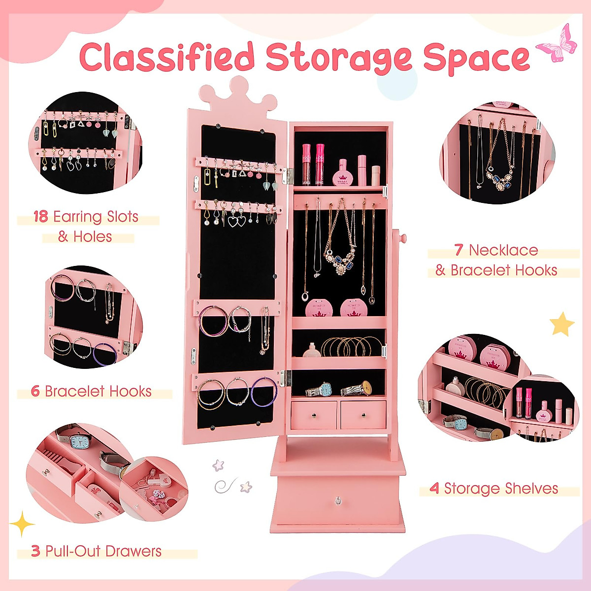 Costzon Kids Jewelry Armoire Cabinet, 45” Standing Jewelry Organizer with Full-Length Mirror, 3 Storage Drawers, Kids Vanity Dress Up Mirror Jewelry Cabinet for Girls (Pink)