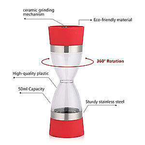 Double-ended Manual Salt Grinder, 2 in 1 Double-ended Manual Kitchen Salt & Pepper Mill Grinder Adjustable Ceramic Rotor(red)