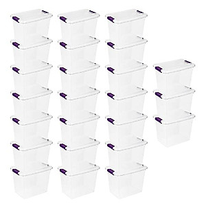 Sterilite 27 Qt ClearView Latch Storage Box Stackable Bin with Latching Lid, Plastic Container to Organize Clothes in Closet, Clear Base, Lid, 24-Pack