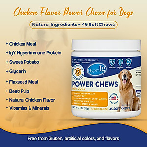 Power Chews for Dogs - Chicken Flavor, IgY Hyperimmune Protein for Immune System Health, Joint Support, Stress & Anxiety Relief, and Healthy Skin & Coat – 45 Soft Chews, 113g - 4 Cans (4 Canister)
