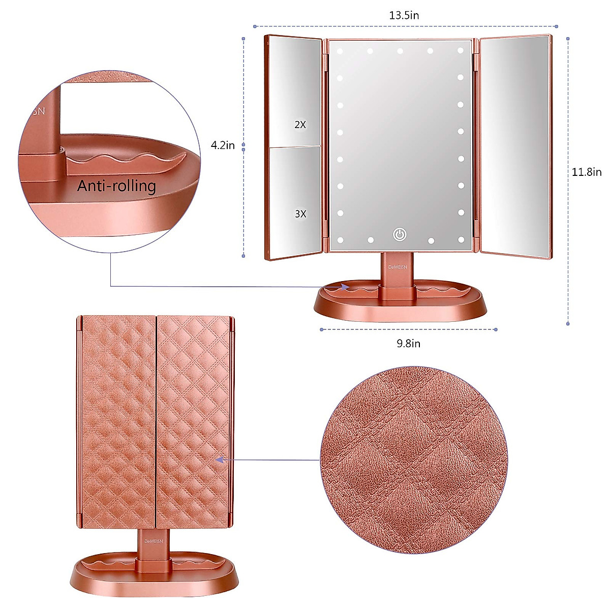 deweisn Trifold Lighted Vanity Makeup Mirror with 21 LEDs Lights,1x/2x/3x Magnification and Touch Screen Dimming,Two Power Supplies Makeup Mirror, Gift for Women