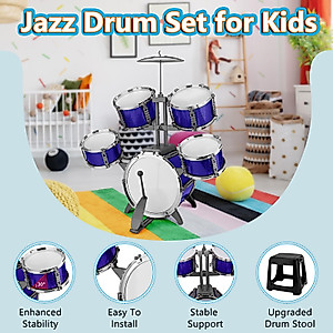Kids Drum Set 5 Piece Toddlers Jazz Drum Kit with Stool Musical Instrument Toys for 3 4 5 6 7 Year Old Boys Girls Birthday Gift