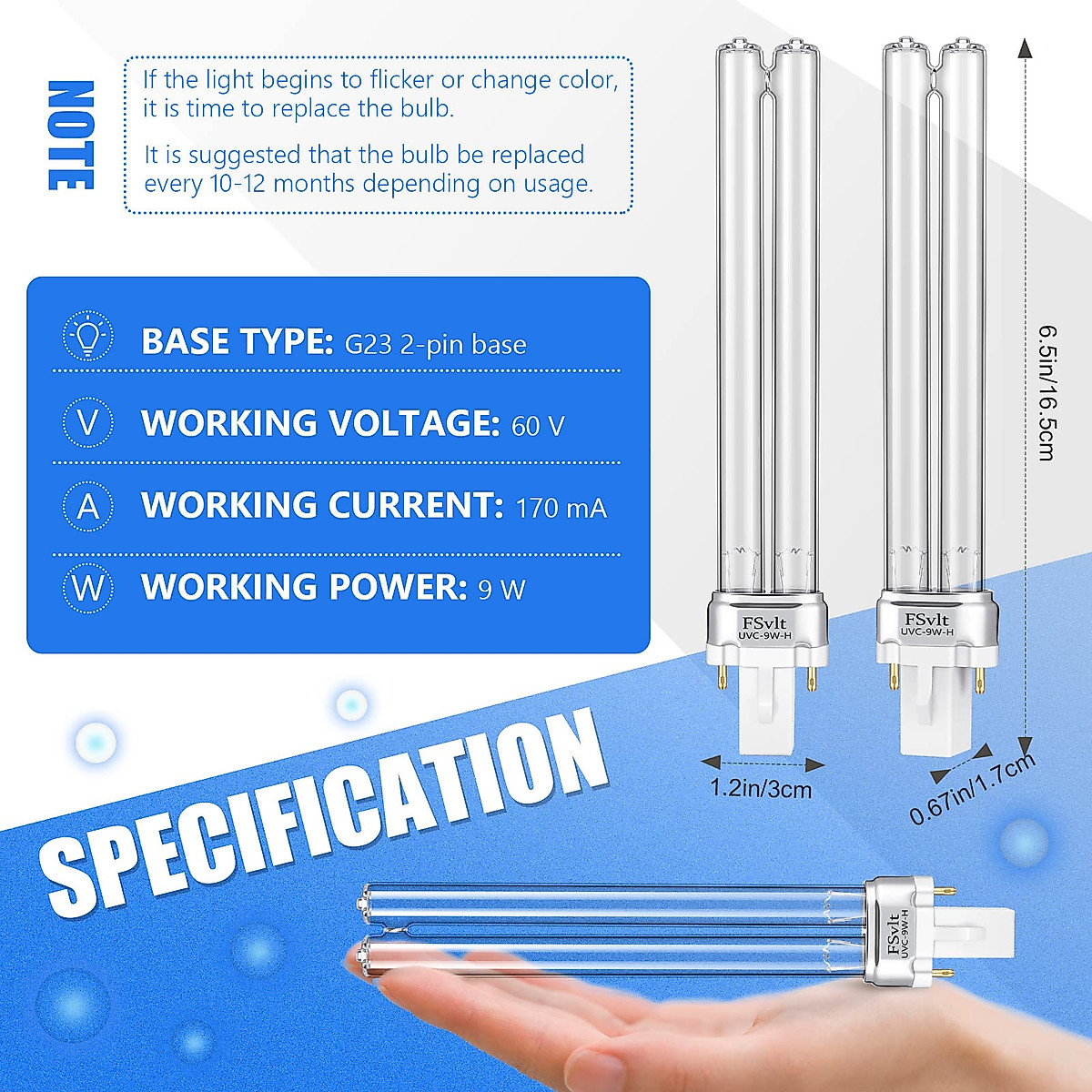 Kittmip 2 Pieces UV UV-C Light Bulbs 9W G23 Base Replacement Bulb for Outdoor Pond Clarifier Lamp Compatible with UVE9 CF400 CF500 UVCP-9 JUP-01 303B 304B D200 R18 R18D R2000