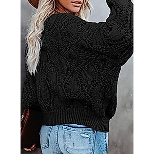 AlvaQ Womens Crochet Sweaters Cute V Neck Long Sleeve Hollow Out Cable Ribbed Knit Pullover Jumper Tops Fall Fashion 2023 Black Large