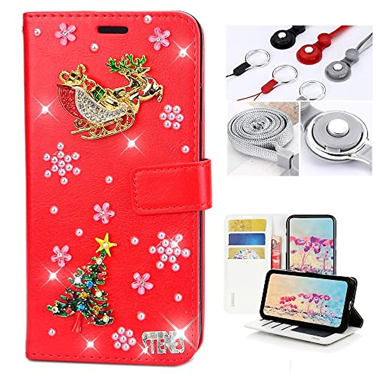STENES Bling Wallet Phone Case Compatible with Samsung Galaxy Z Fold 2 5G - Stylish - 3D Handmade Christmas Tree Elk Gift Floral Leather Girls Women Cover with Neck Strap Lanyard [3 Pack] - Red