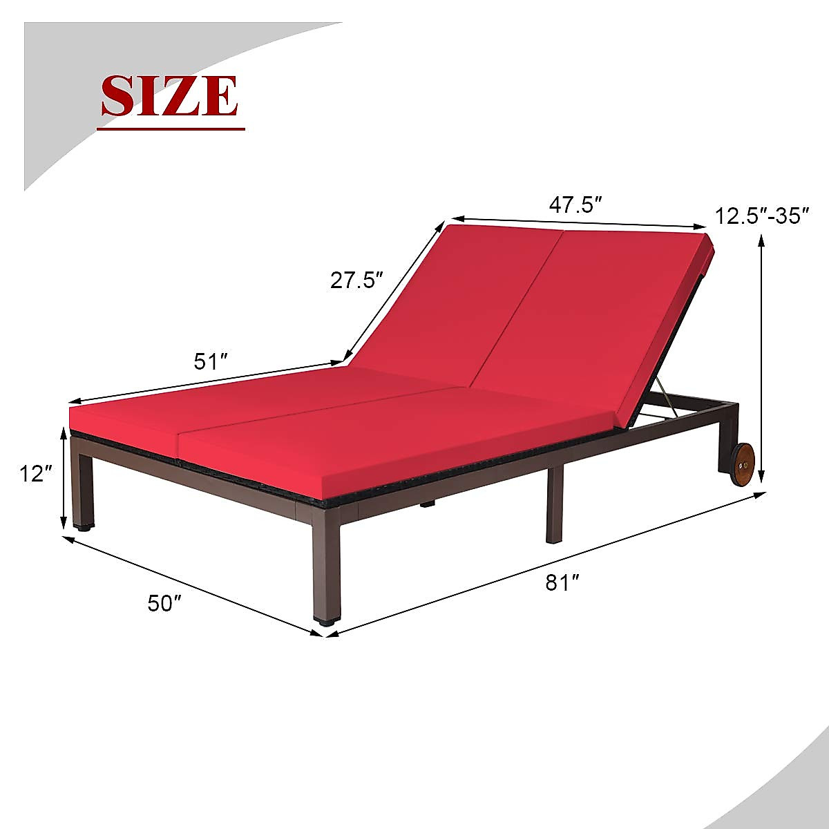 Tangkula 2-Person Patio Lounge Chair, Outdoor Rattan Double Wicker Daybed Chaise Lounge Chair with Adjustable Backrest Wheels & Cushion, Patio Sofa for Garden Lawn Backyard (Red)