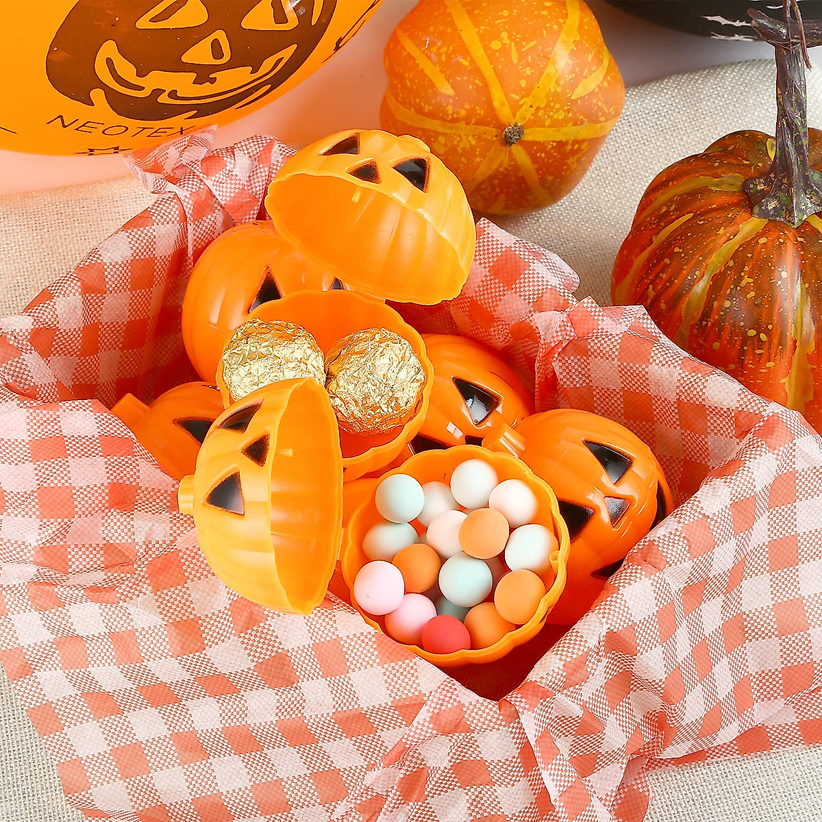 KESOTE Plastic Pumpkins for Candy Small Toys, Fillable Orange Halloween Pumpkin Eggs Candy Holder Containers for Halloween Egg Hunt Treats - Pack of 12