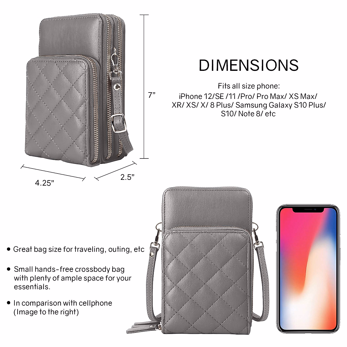 Emperia Mia Lightweight Triple Compartment Small Quilted Leather Phone Purse Crossbody Shoulder Bag for Women Grey2