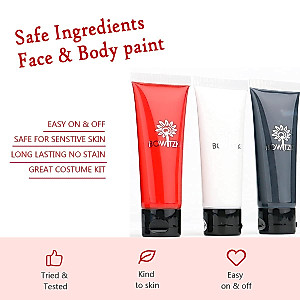 Bowitzki Cream Face Paint Halloween Makeup Kit Water Based Liquid Latex Fake Blood Brush Sponges Body Painting Special Effects SFX Zombie Vampire Monster Christmas Party red black white(Halloween Kit)